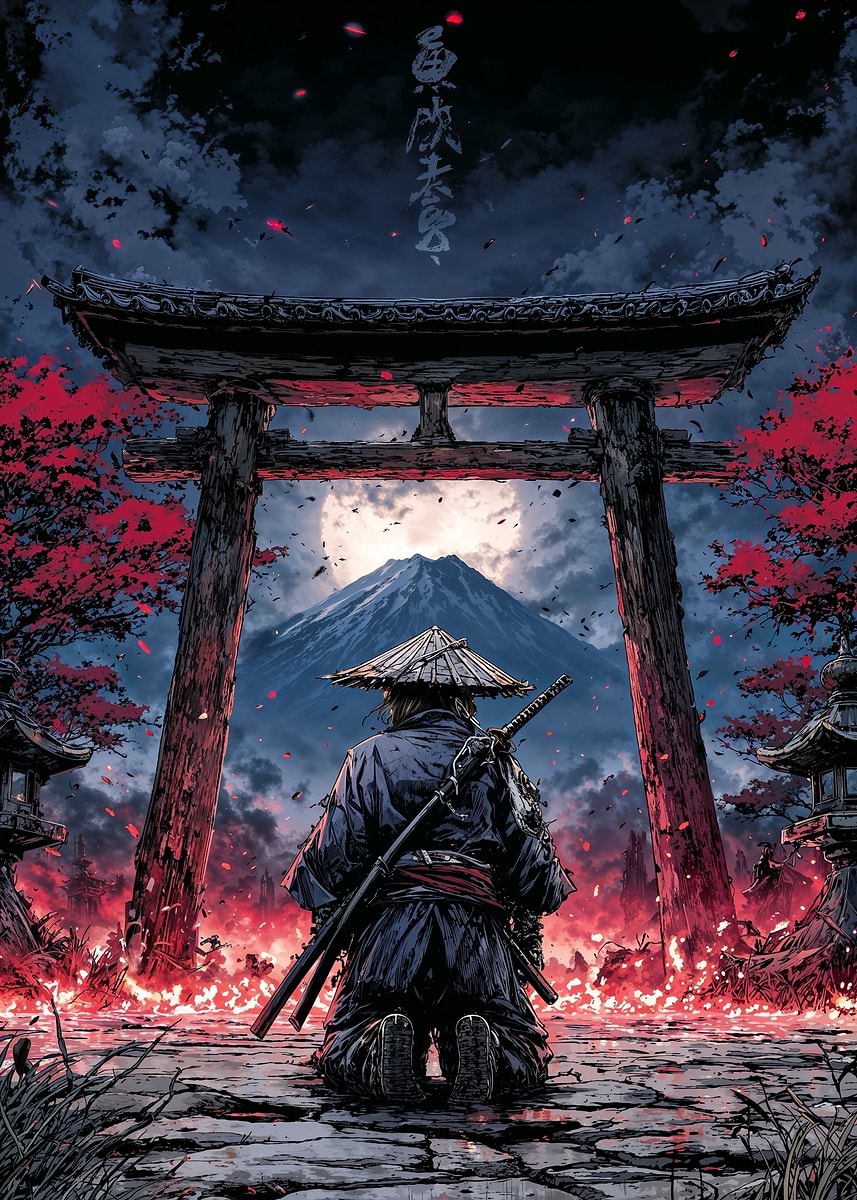 'Samurai Kneeling Before Torii Gate' Poster, picture, metal print ...