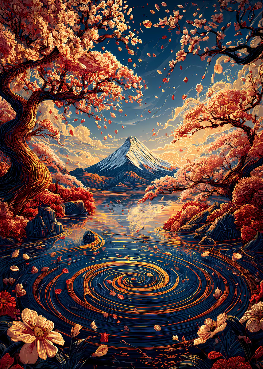 'Mount Fuji Sunset with Cherry in Mabro Visionary style' Poster ...