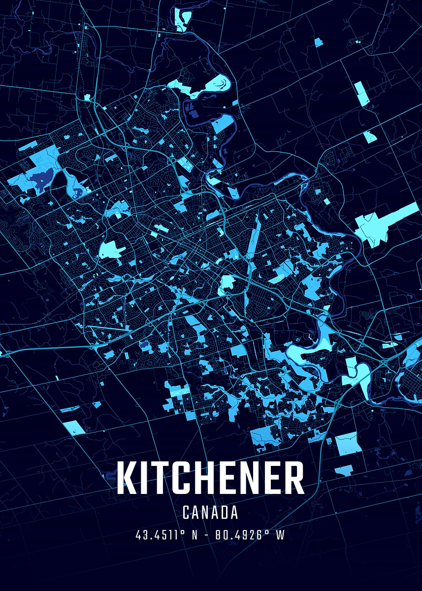 'Kitchener Midnight City Map' Poster, picture, metal print, paint by ...