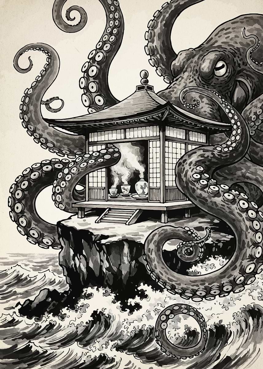 'Octopus and Japanese Temple Ink Drawing' Poster, picture, metal print ...