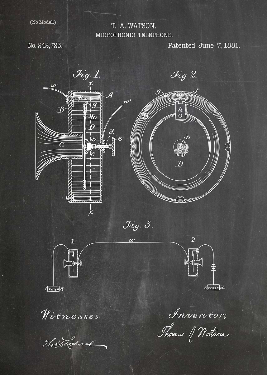 'T.A. Watson Microphonic Telephone Patent' Poster, picture, metal print ...
