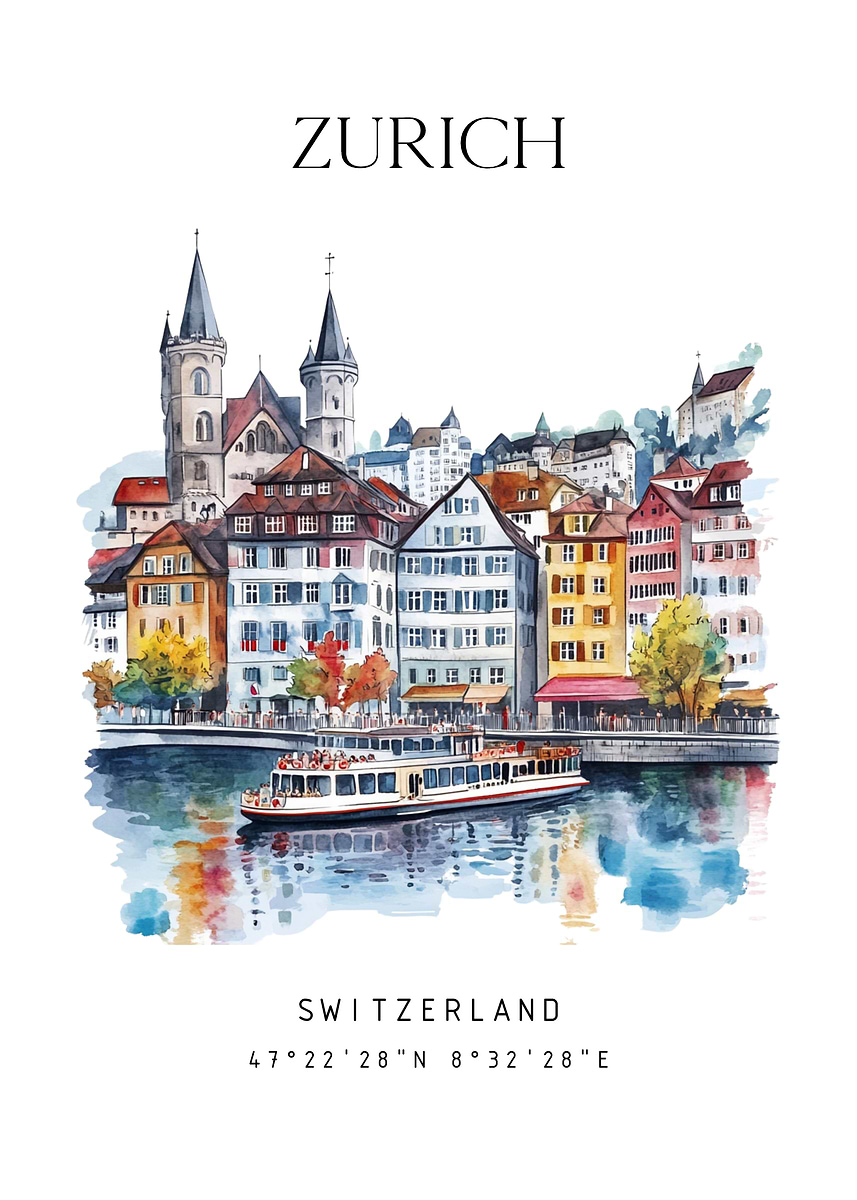 'Zurich Switzerland Travel' Poster, picture, metal print, paint by Lana ...
