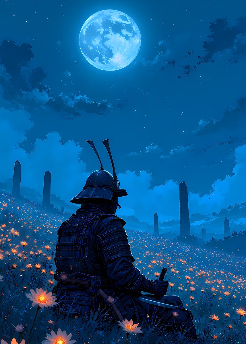 'Samurai under the moonlight in flower field' Poster, picture, metal ...