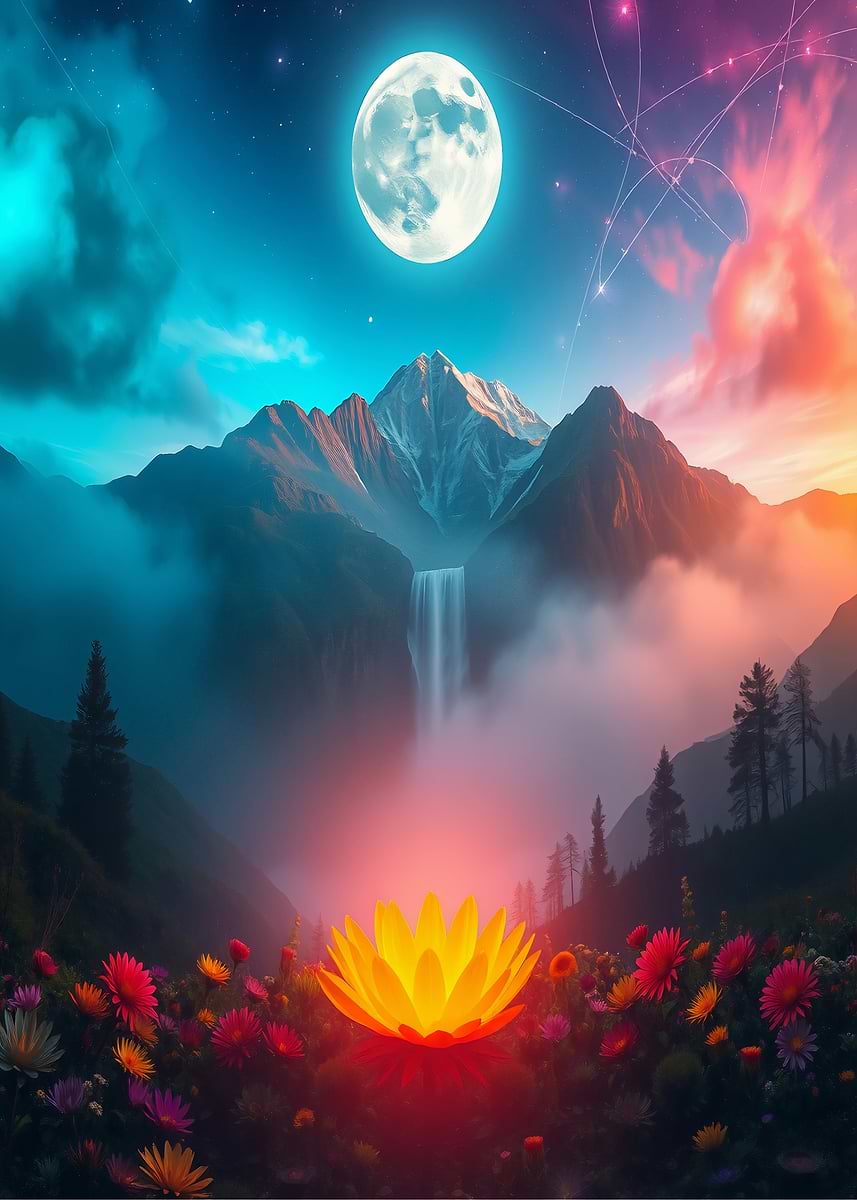 'Mystical Mountain Landscape with Glowing Flower' Poster, picture ...