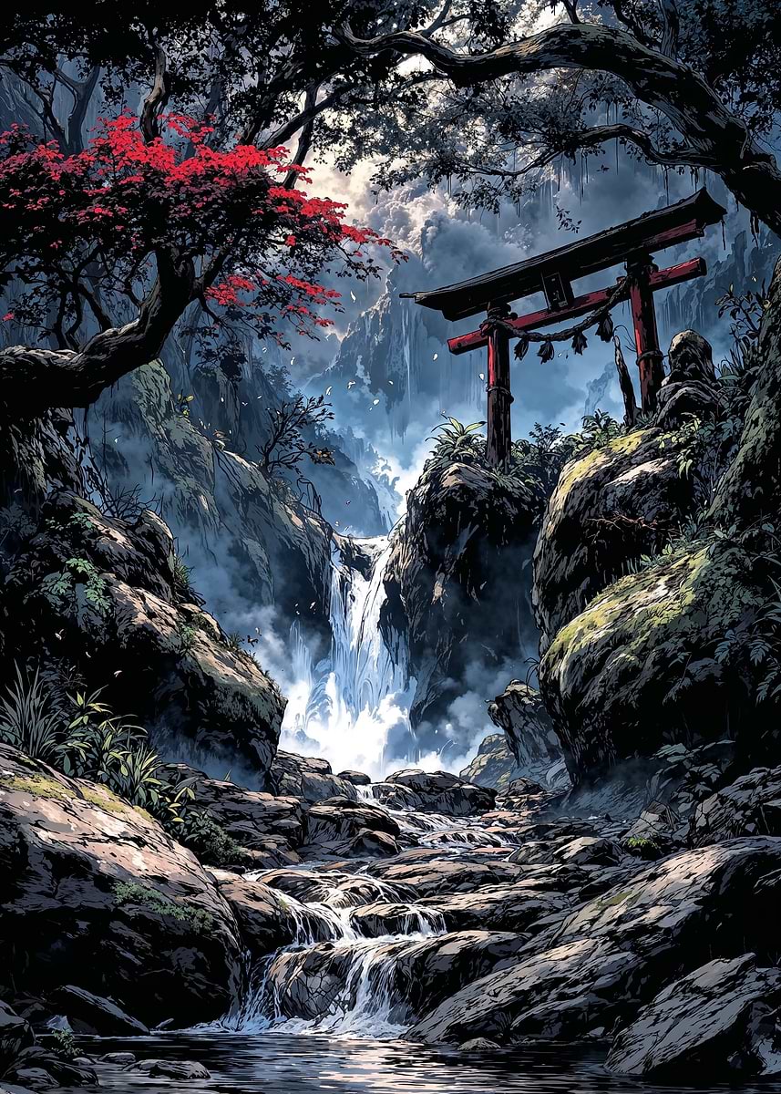 'Japanese Torii Gate Waterfall Landscape' Poster, picture, metal print ...