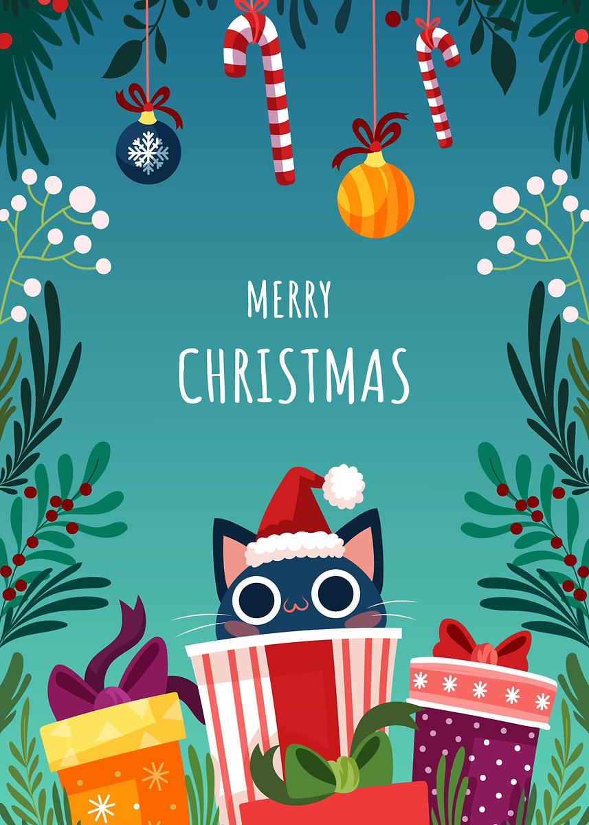 'Merry Christmas Cat in Gift Box' Poster, picture, metal print, paint ...