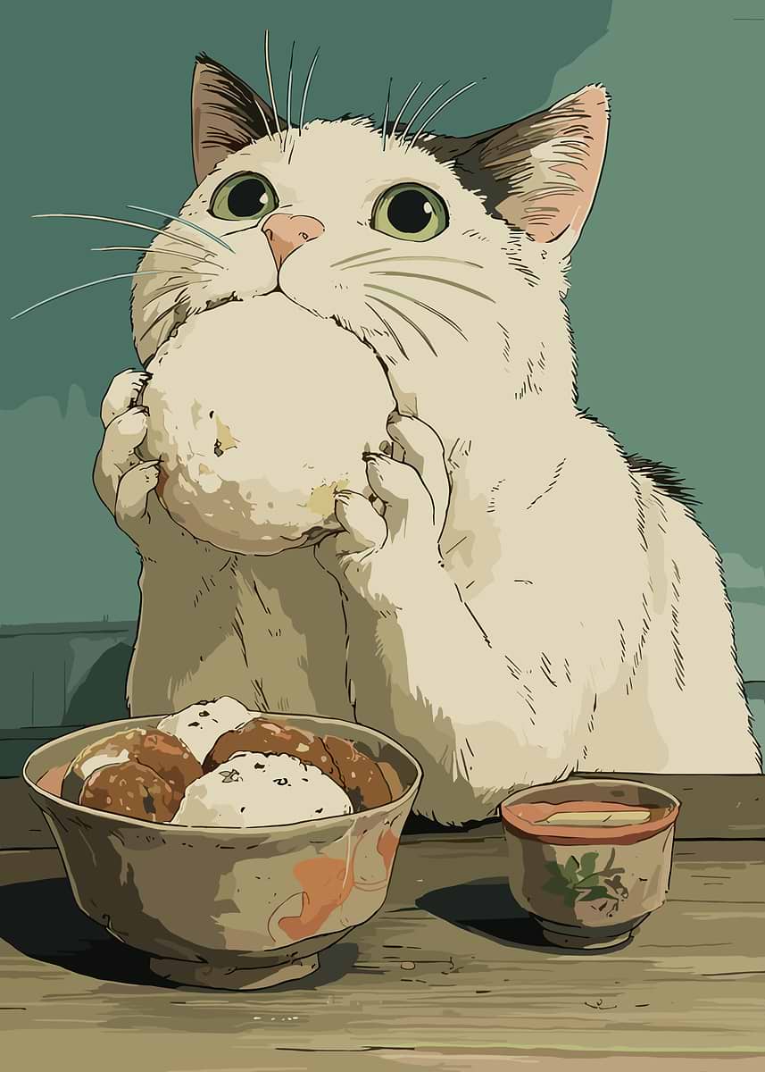 'Cat eating rice ball illustration' Poster, picture, metal print, paint ...