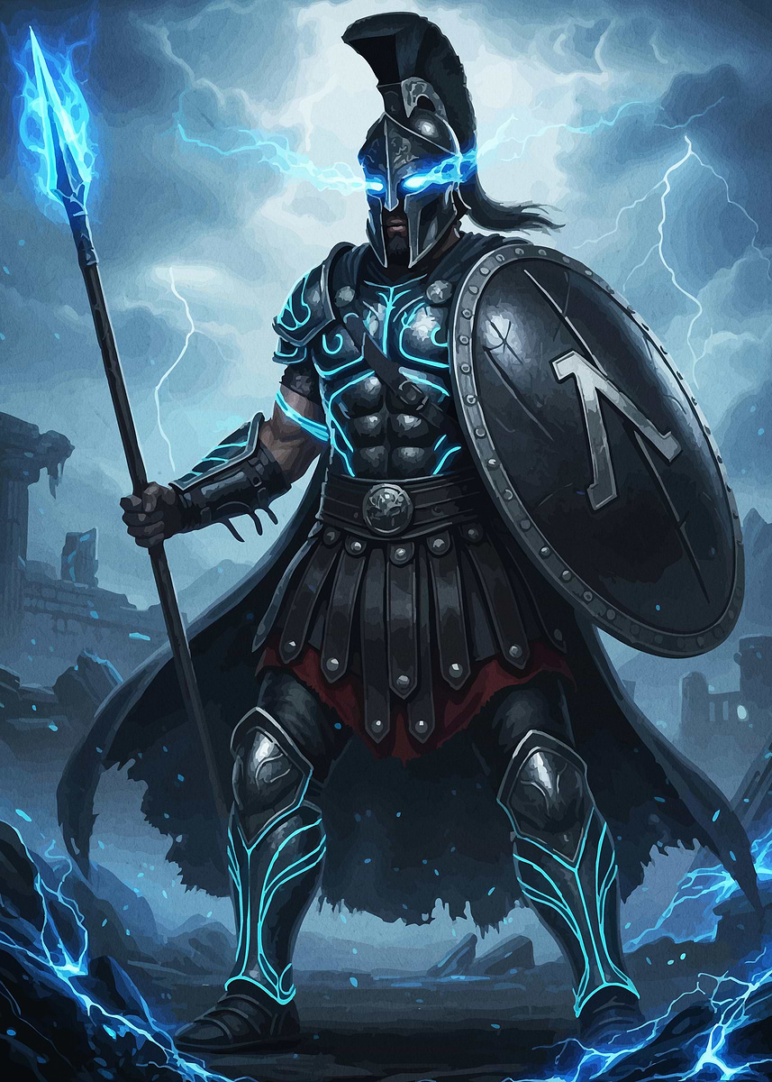 'Electric Spartan Warrior Storm' Poster, picture, metal print, paint by ...
