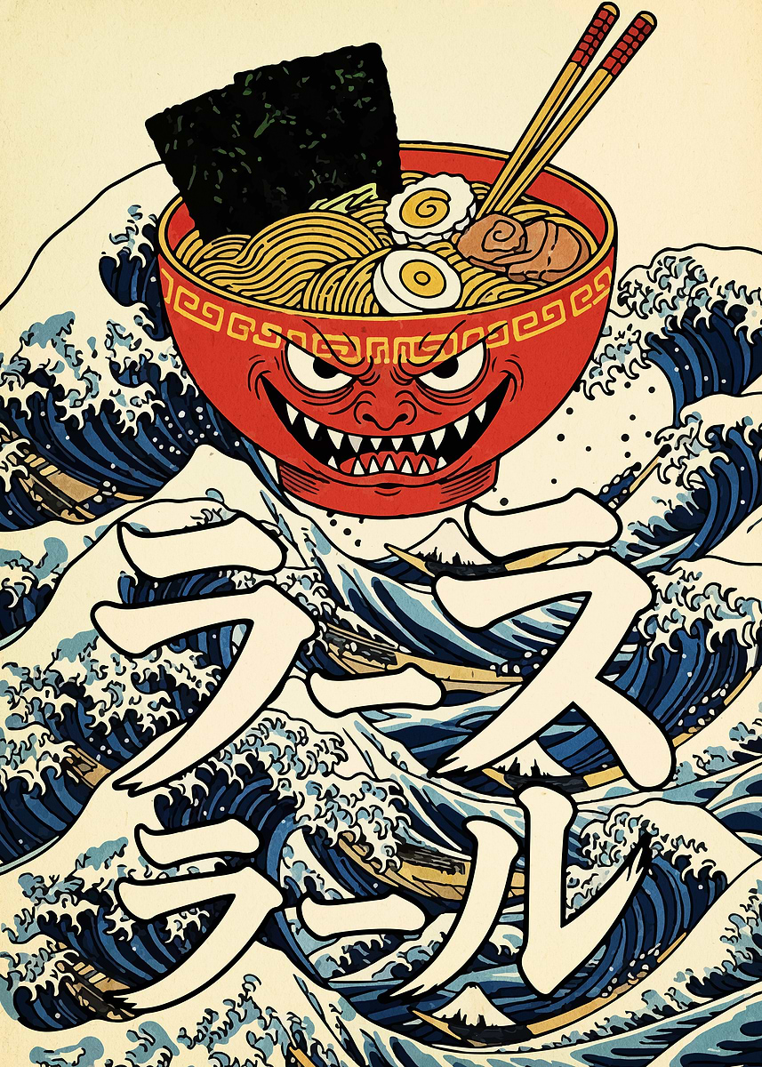 'Ramen Bowl Demon on Ocean Waves' Poster, picture, metal print, paint ...