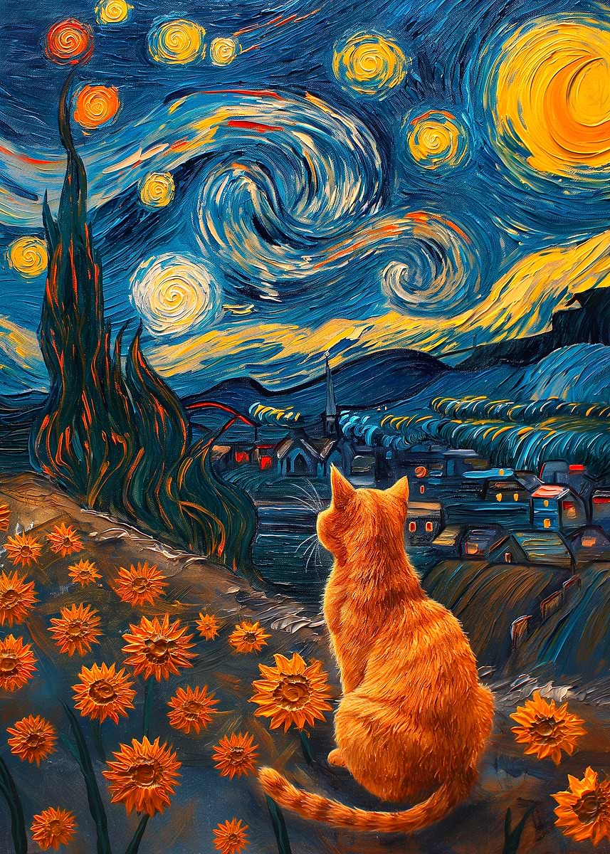 'Starry Night Cat' Poster, picture, metal print, paint by ...