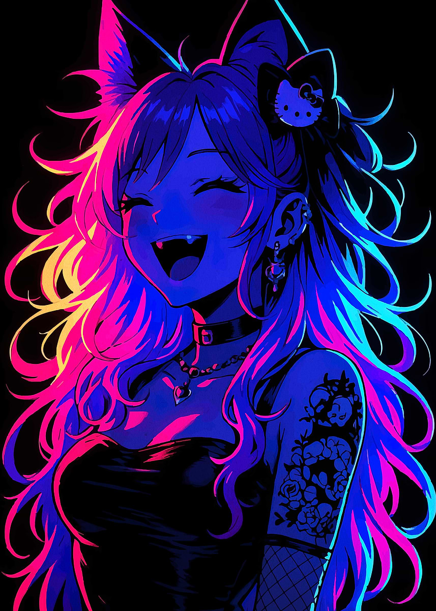 'Neon Catgirl with Hello Kitty Bow' Poster, picture, metal print, paint ...