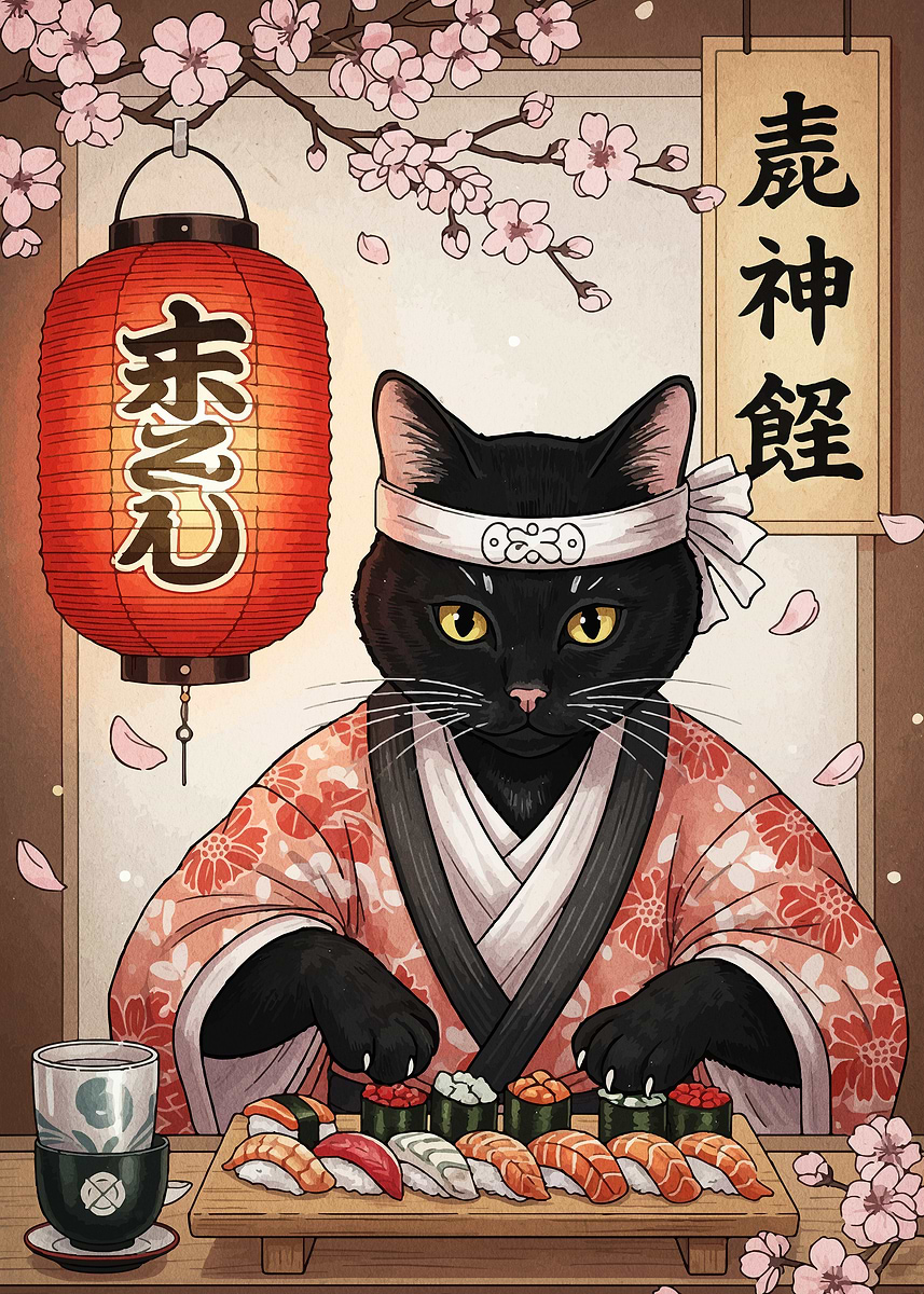 'Sushi Chef Cat' Poster, picture, metal print, paint by Frieda Crona ...