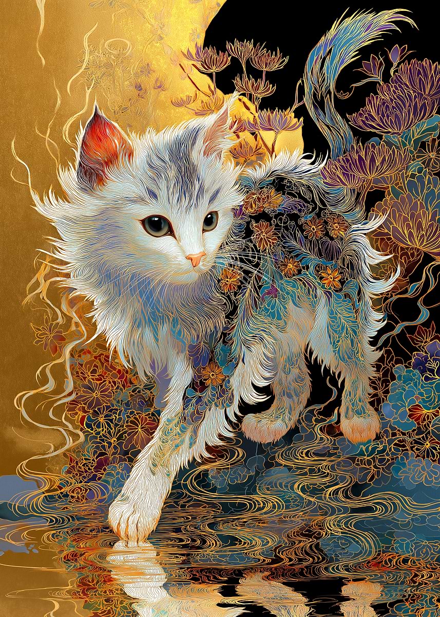 'Ornate Kitten in Floral Landscape' Poster, picture, metal print, paint ...