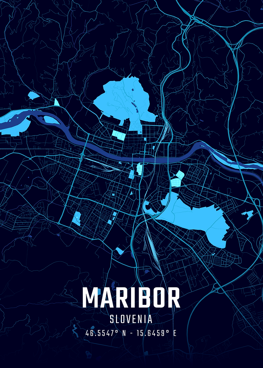 'Maribor Midnight City Map' Poster, picture, metal print, paint by ...