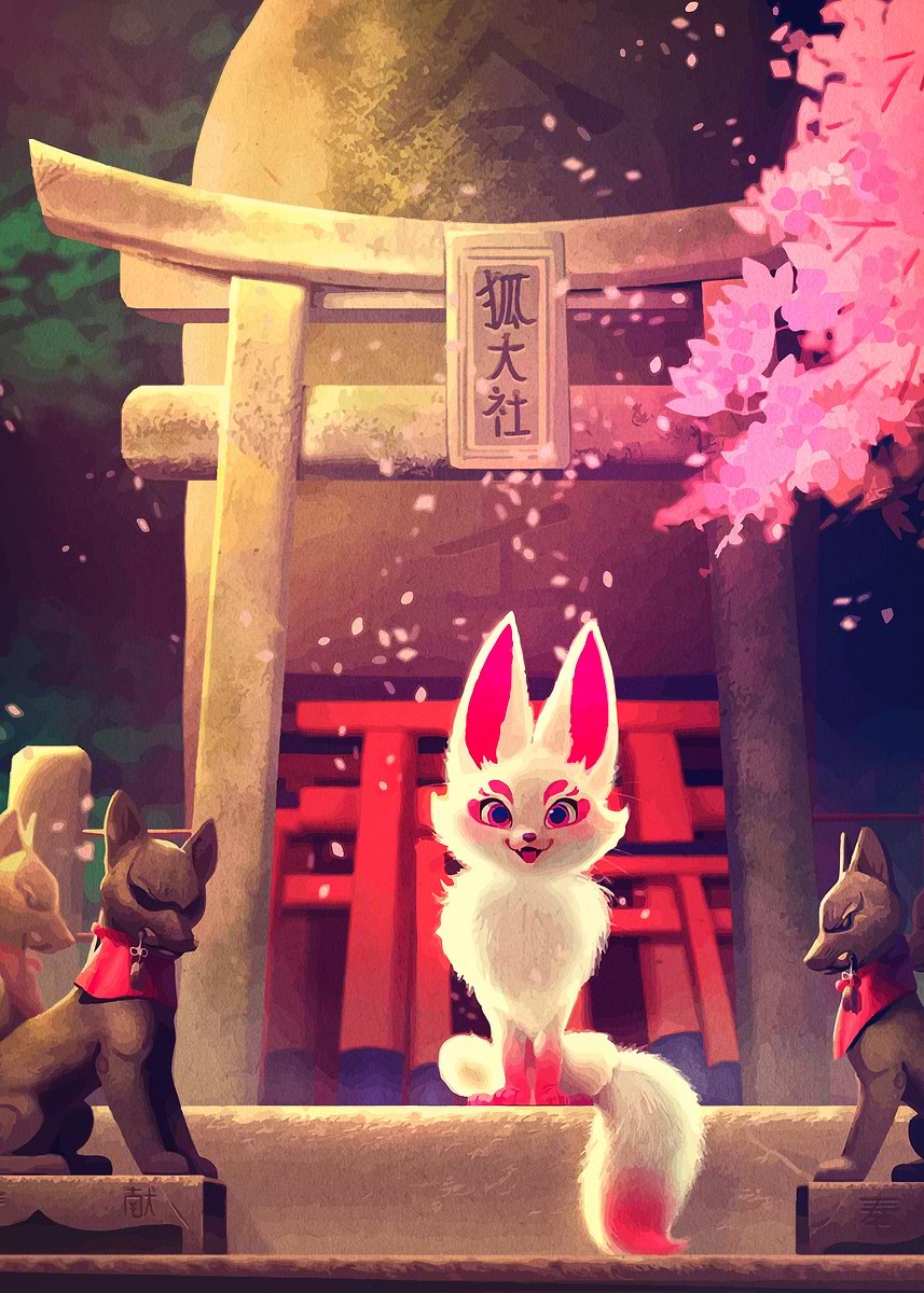 'Cute Kitsune at Shrine Entrance' Poster, picture, metal print, paint ...