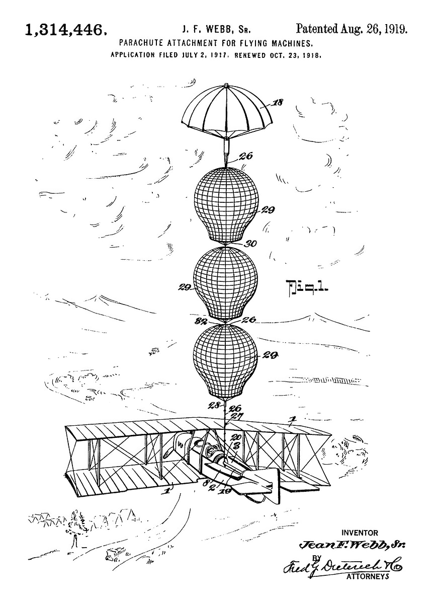 'Parachute Attachment for Flying Machines Patent' Poster, picture ...