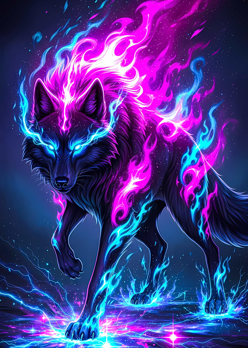'Neon Fire Wolf' Poster, picture, metal print, paint by NatureVerse ...