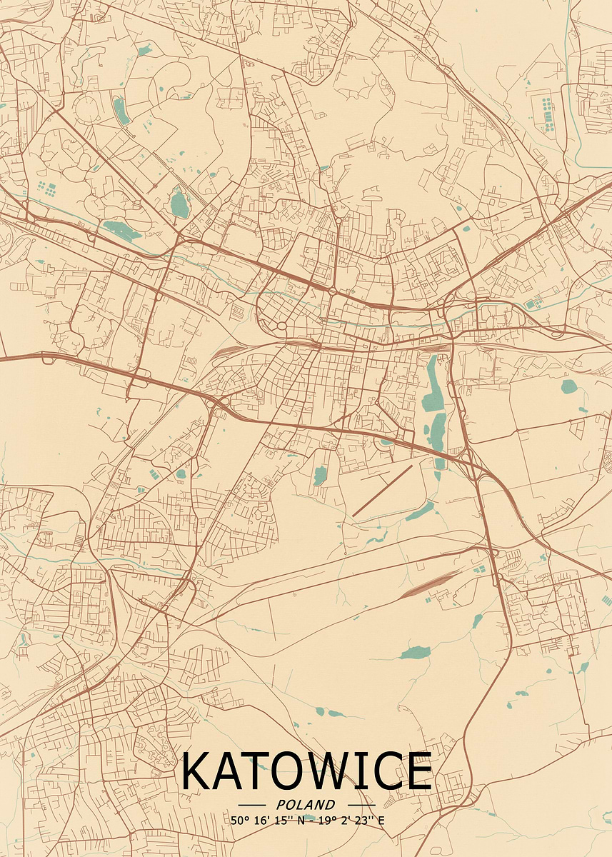 'Katowice Vintage Map' Poster, picture, metal print, paint by ...