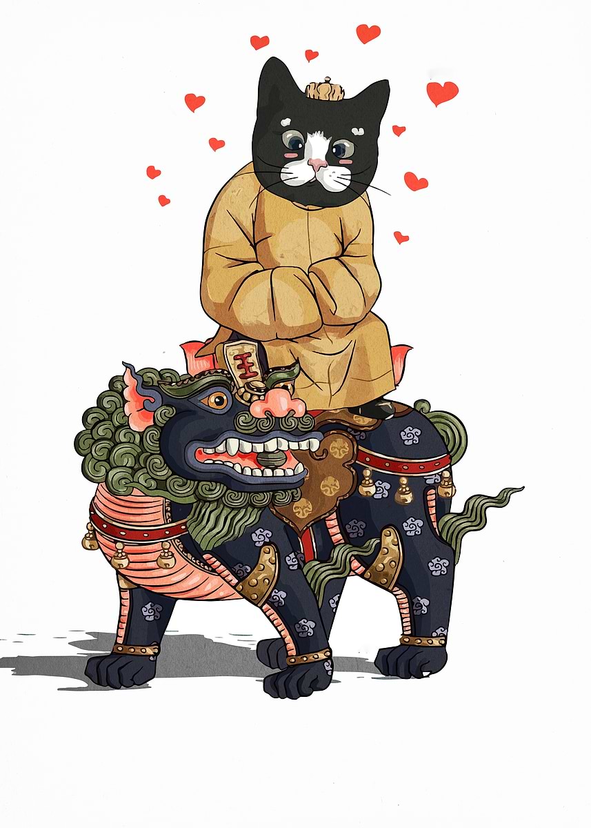 'Cat riding a Foo Dog' Poster, picture, metal print, paint by Eira ...