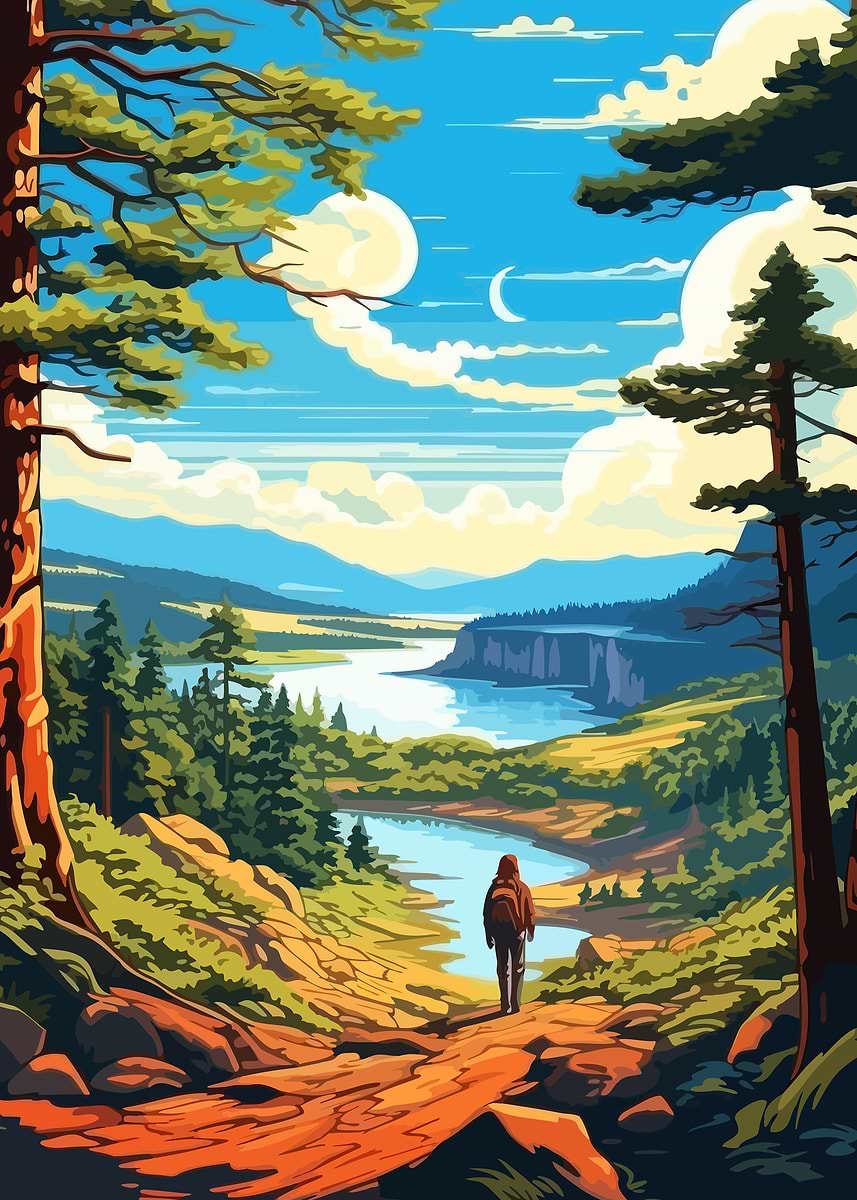 'Hiker in a scenic landscape' Poster, picture, metal print, paint by ...