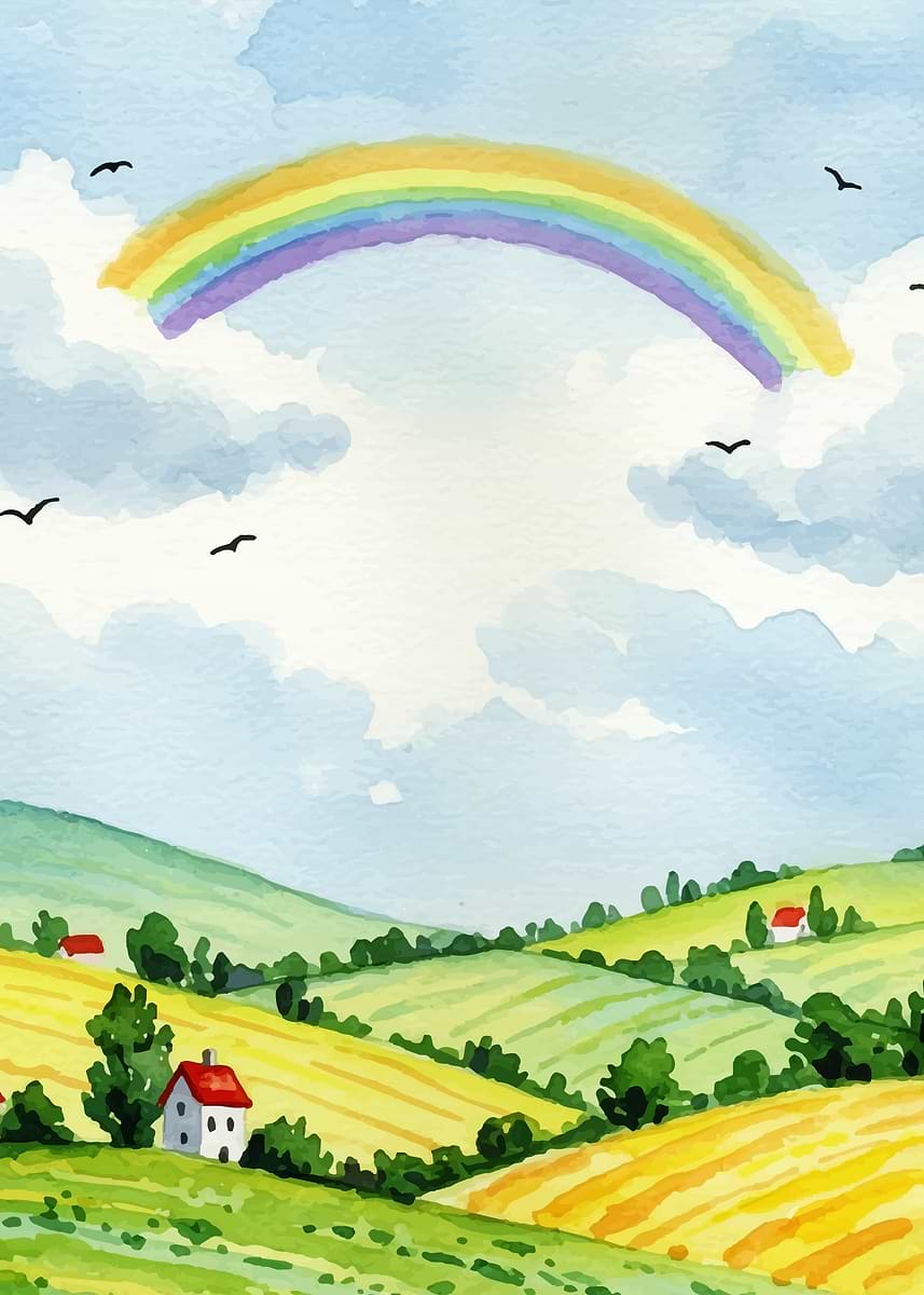 'Watercolor Landscape with Rainbow and Houses' Poster, picture, metal ...