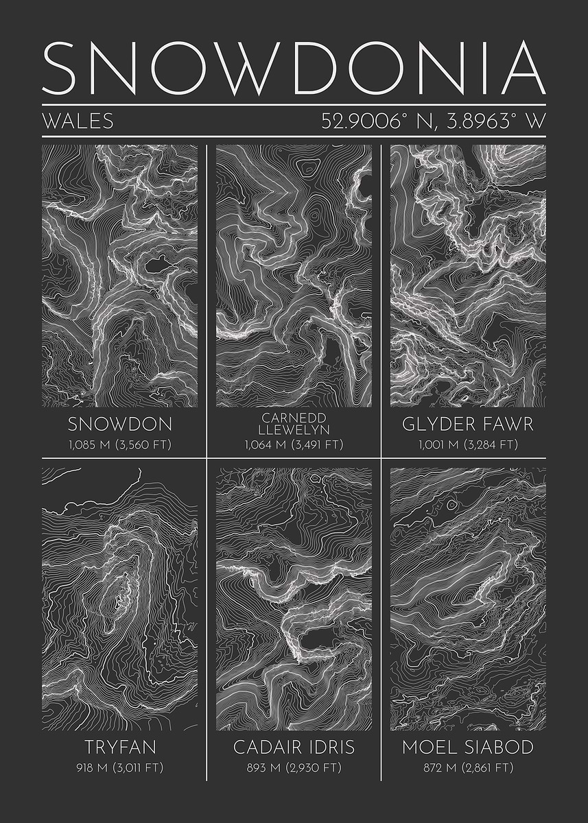 'Snowdonia Wales Topographic Contour Map' Poster, picture, metal print ...