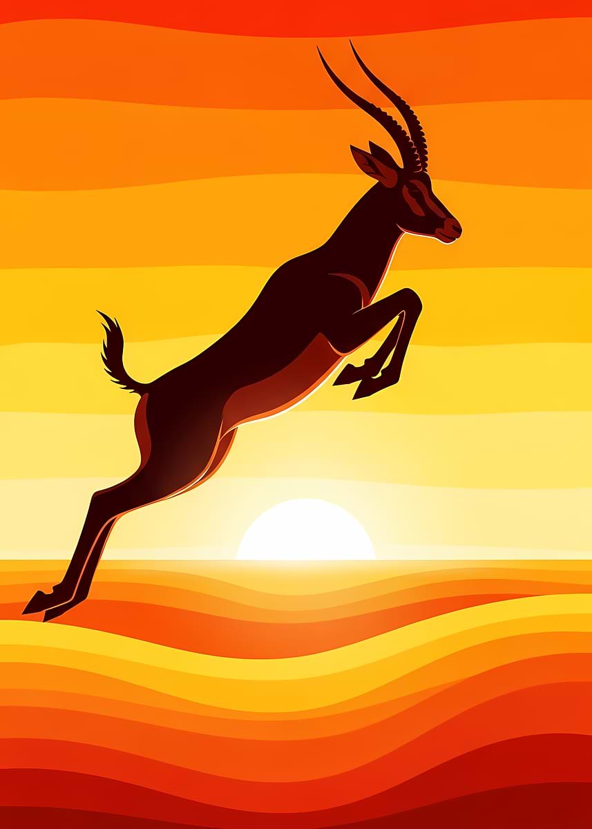 'Antelope Leaping at Sunset' Poster, picture, metal print, paint by ...