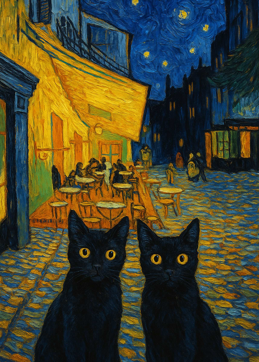 'Black Cats in Van Gogh Style | Starry Night Café Terrace Cat Art ...