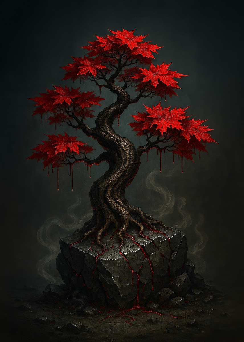 'Red Maple Bonsai on Stone Pedestal' Poster, picture, metal print ...