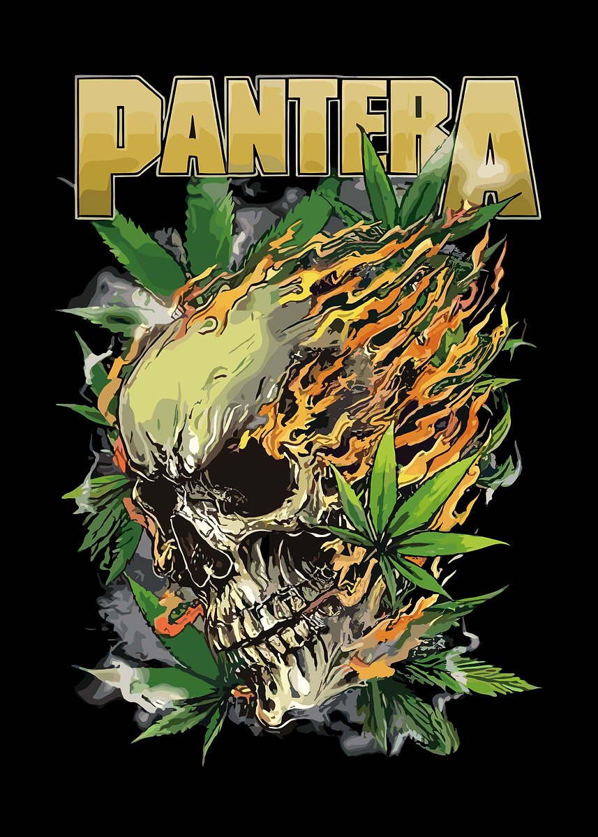 'Pantera Skull with Flames and Leaves' Poster, picture, metal print ...