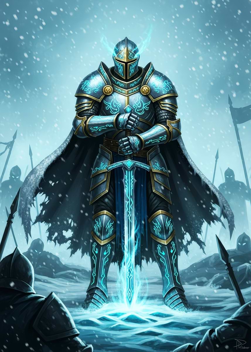 'Glowing Knight in Snowy Battlefield' Poster, picture, metal print ...