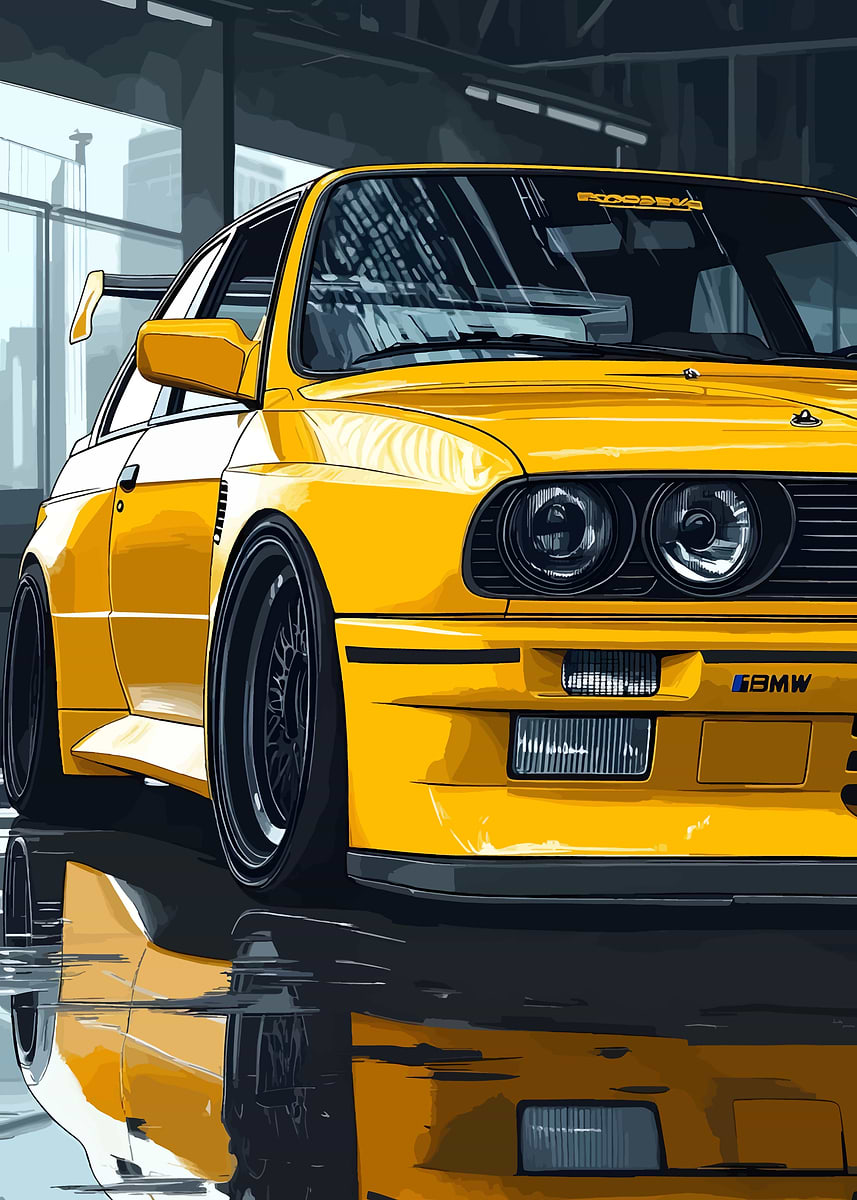 'Yellow BMW E30 M3 Illustration' Poster, picture, metal print, paint by ...