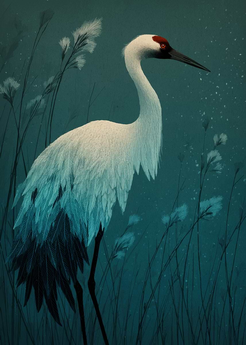 'Night Reed Elegance — Red-Crowned Crane' Poster, picture, metal print ...