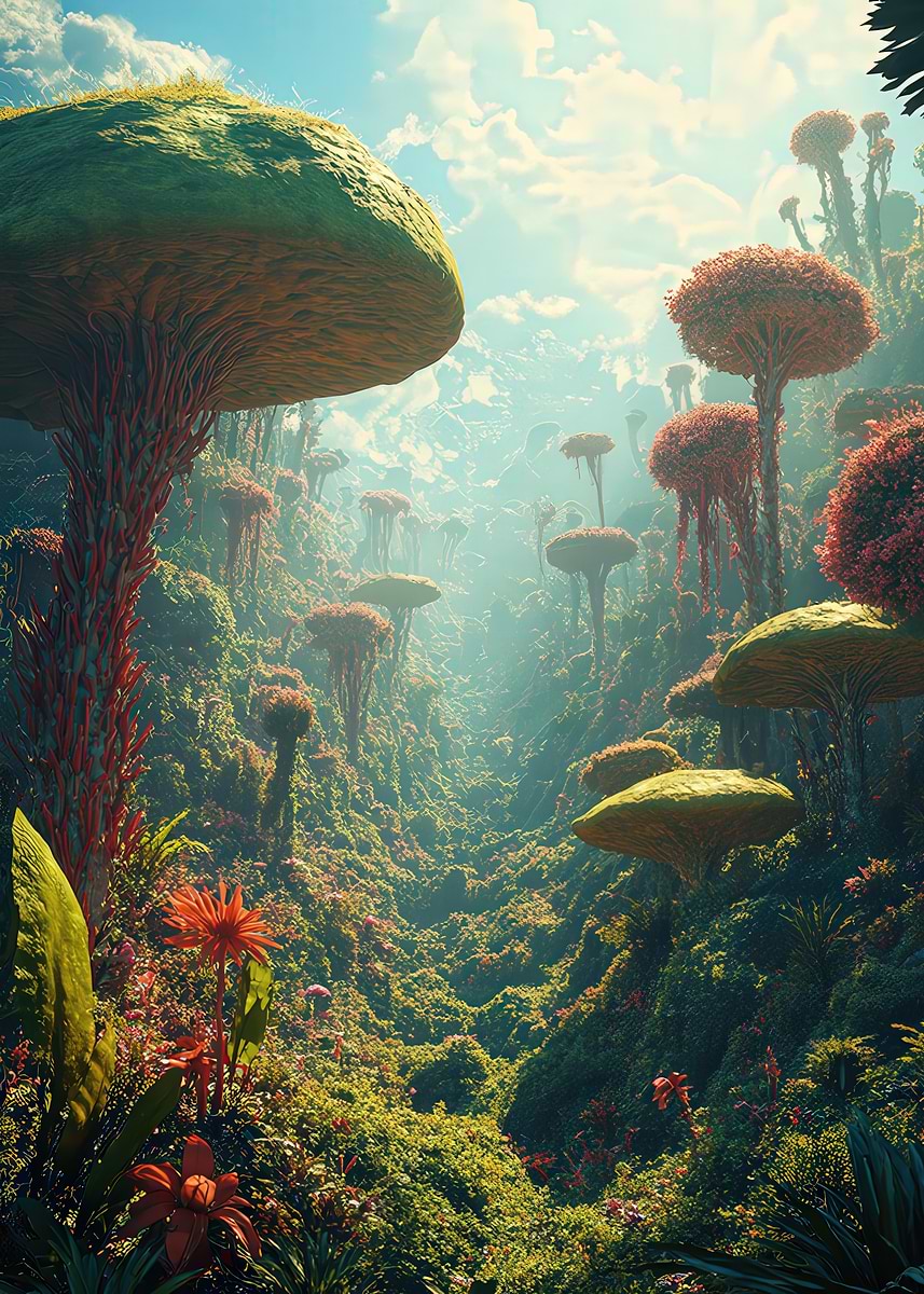 'Lush Alien Landscape with Giant Flora' Poster, picture, metal print ...