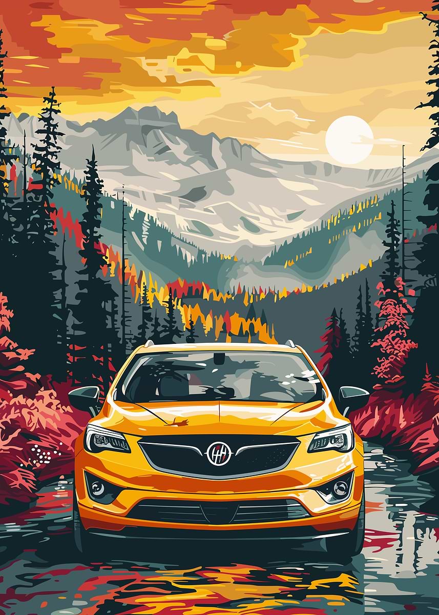 'Yellow Car in Mountain Landscape' Poster, picture, metal print, paint ...