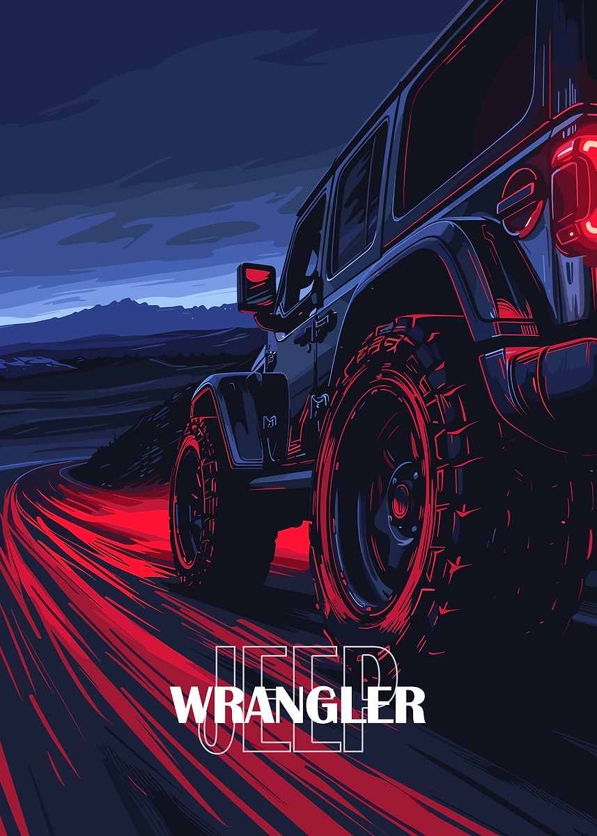 'Jeep Wrangler on a Night Road' Poster, picture, metal print, paint by ...
