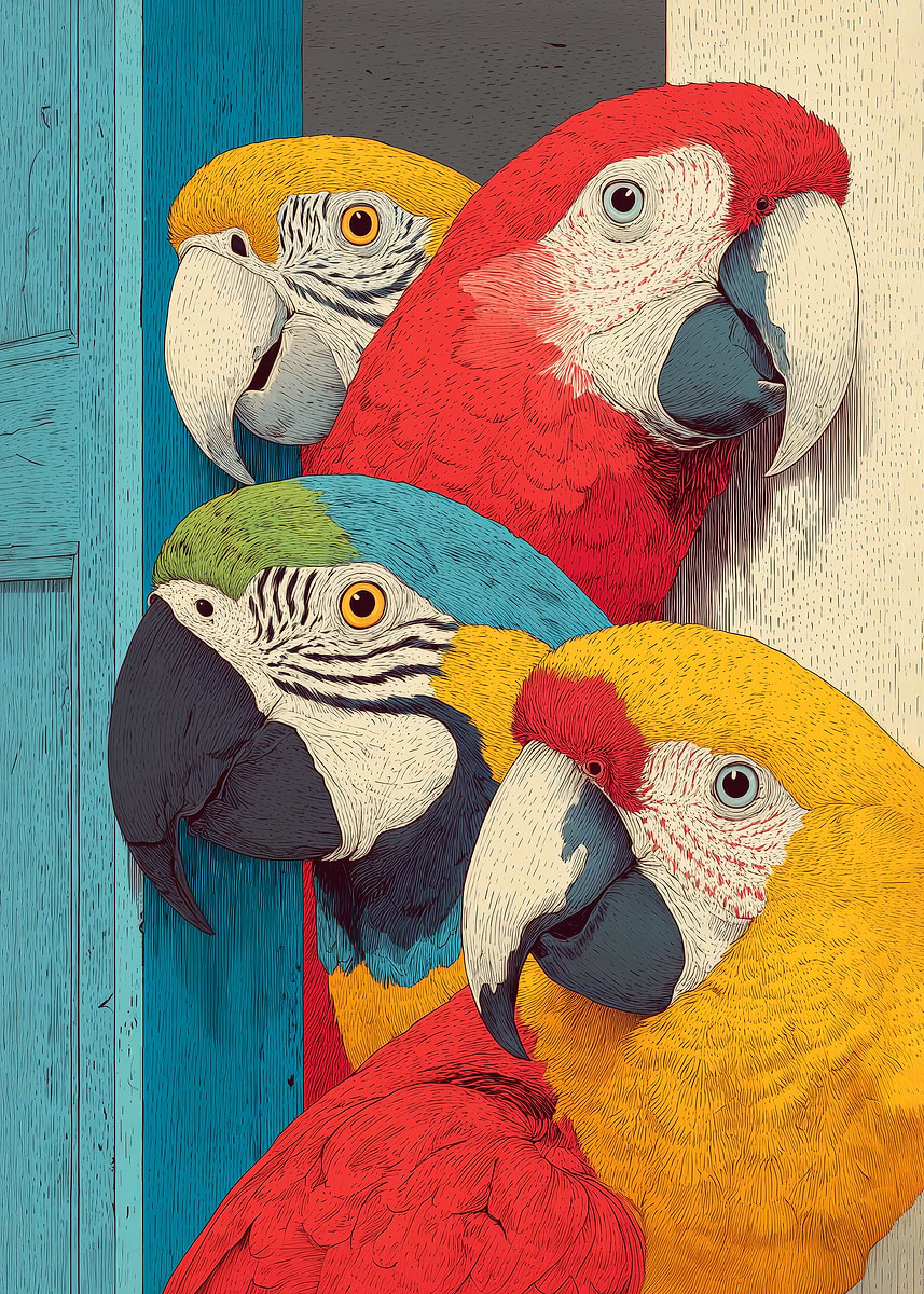 'Curious Macaws in Vintage Line Art Composition — Tropical Parrot ...