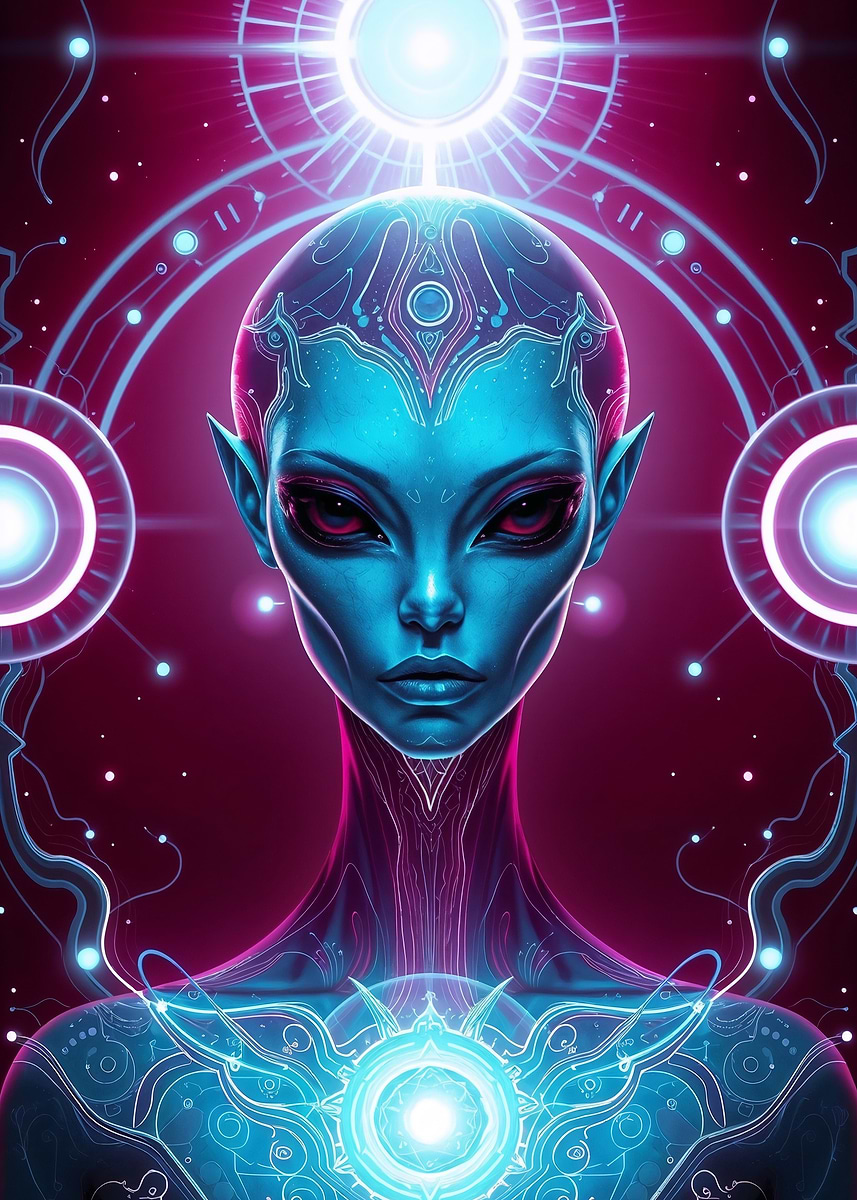 'Blue Alien Portrait with Cybernetic Orb Elements' Poster, picture ...
