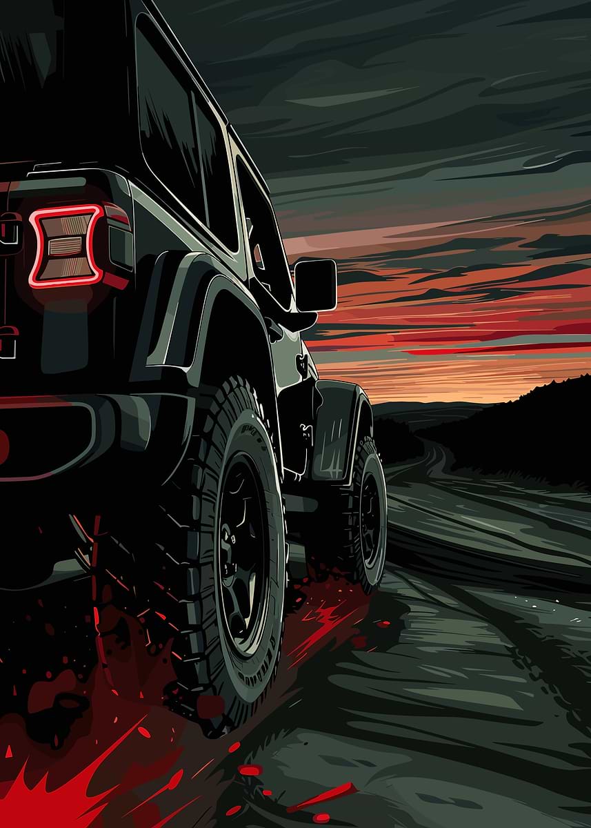 'Black Jeep Wrangler at Sunset' Poster, picture, metal print, paint by ...