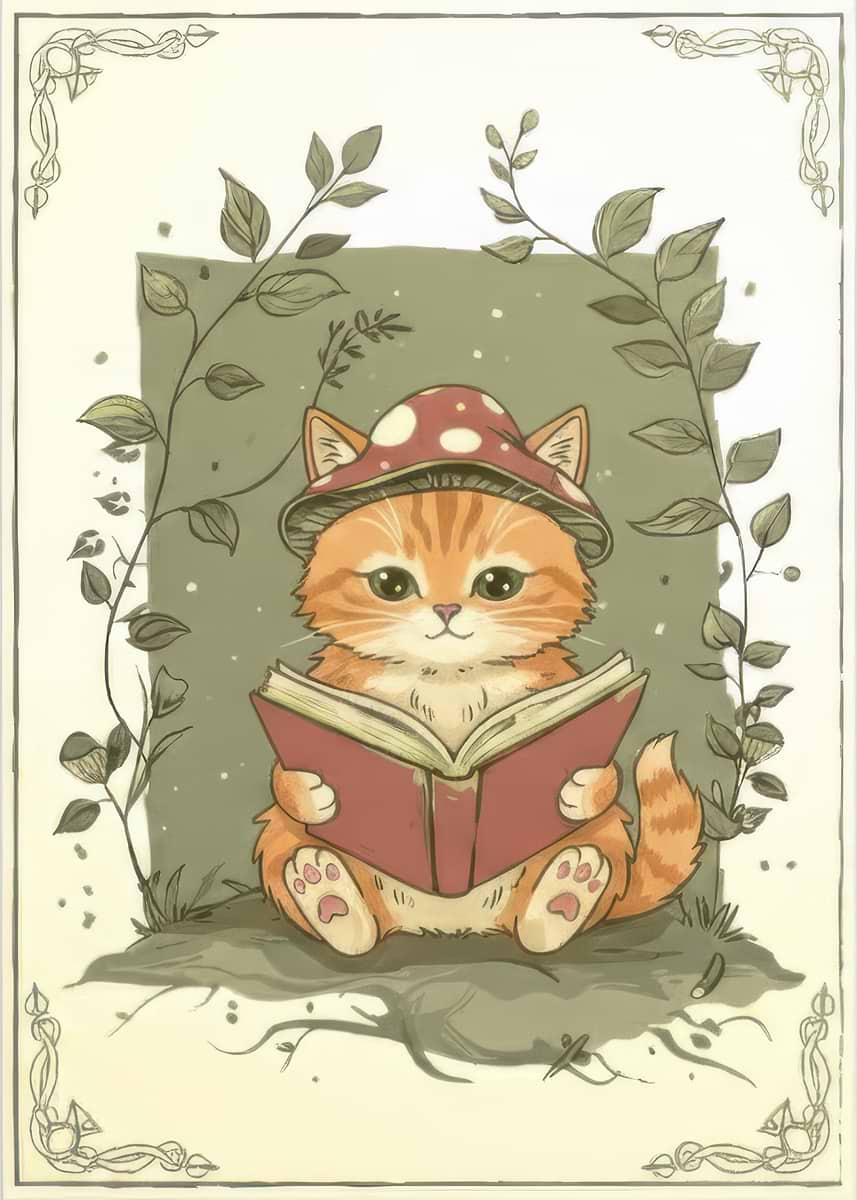 'Mushroom Scholar Cozy Reading Kitty' Poster, picture, metal print ...