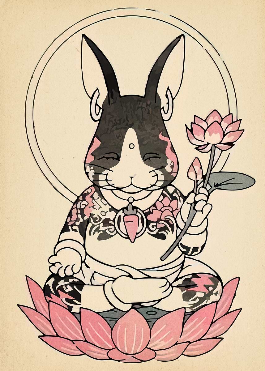 'Zen Rabbit with Lotus Flower' Poster, picture, metal print, paint by ...