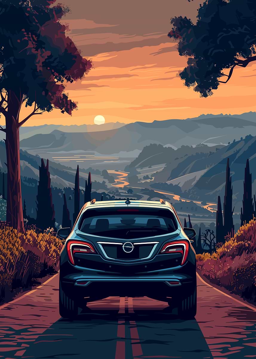 'Car on scenic road at sunset' Poster, picture, metal print, paint by ...