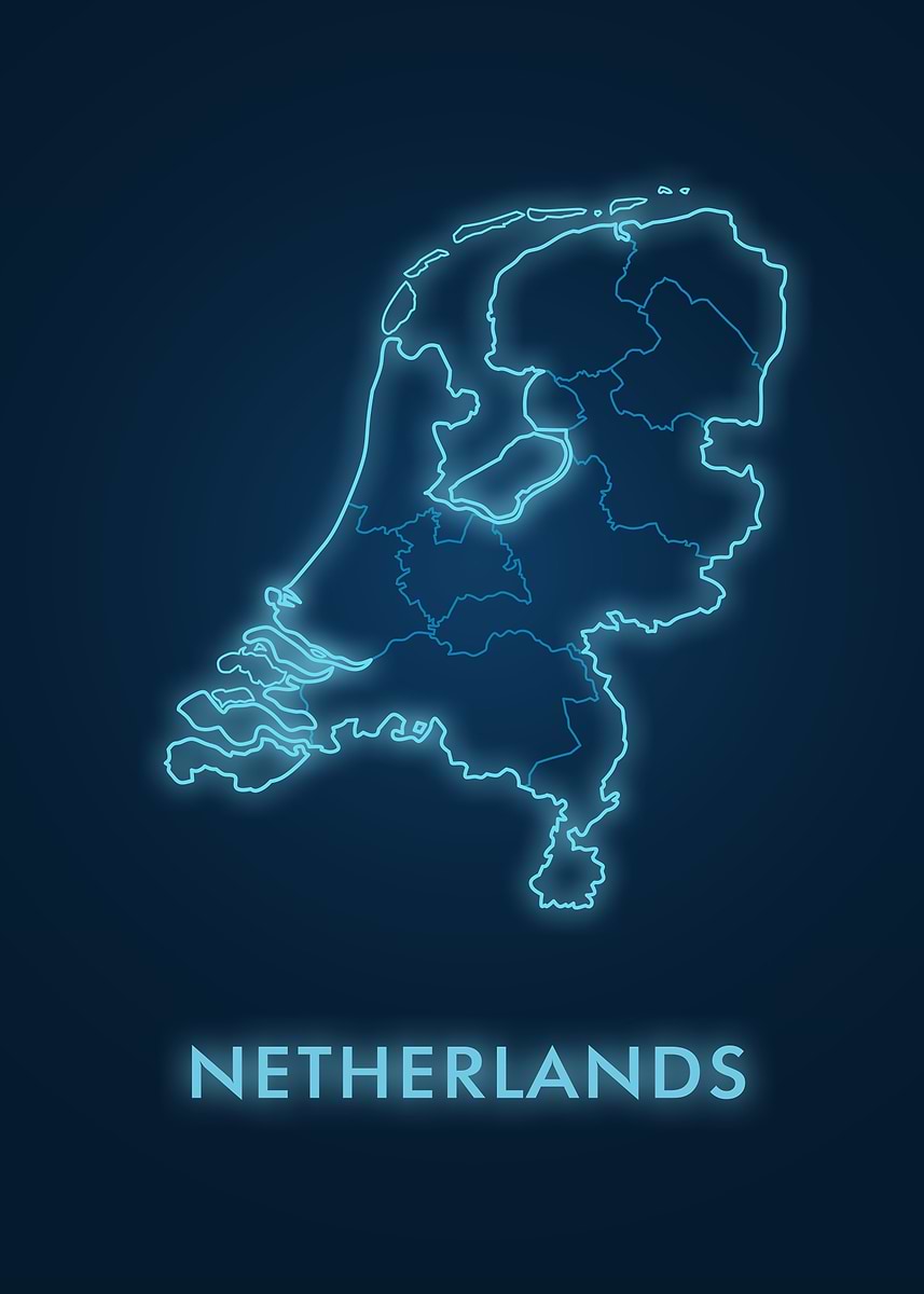 'Netherlands Map Neon Blue' Poster, picture, metal print, paint by ...