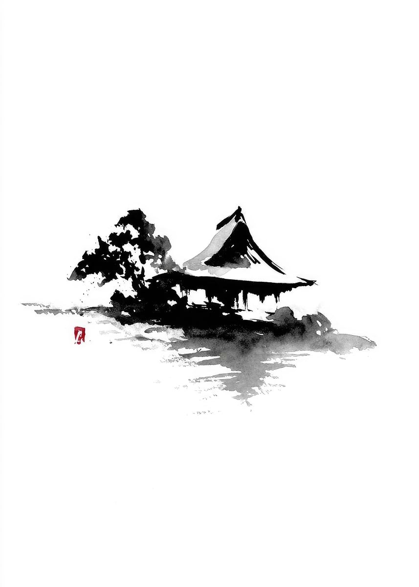 'Japanese Ink Painting of a Temple' Poster, picture, metal print, paint ...