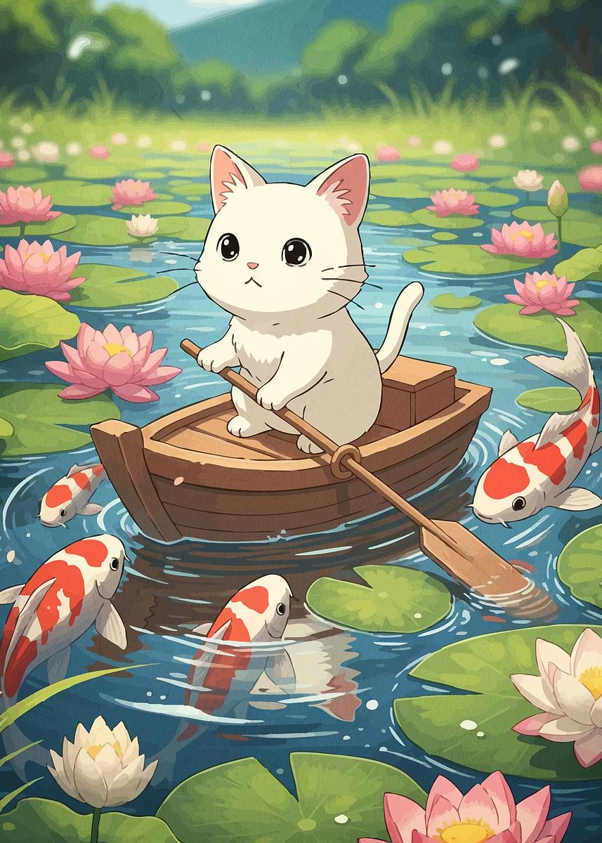 'Cat Rowing Boat Koi Fish' Poster, picture, metal print, paint by ...