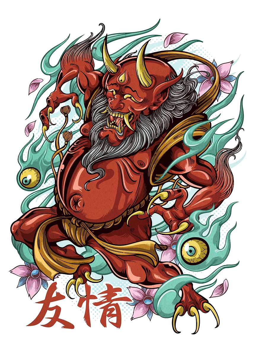 'Japanese Demon Illustration with Floral Accents' Poster, picture ...