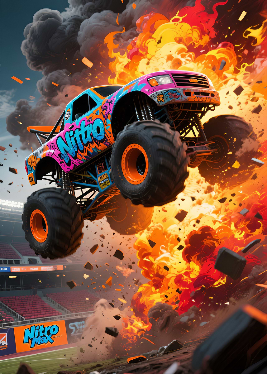'Monster Truck Nitro Explosion' Poster, picture, metal print, paint by ...
