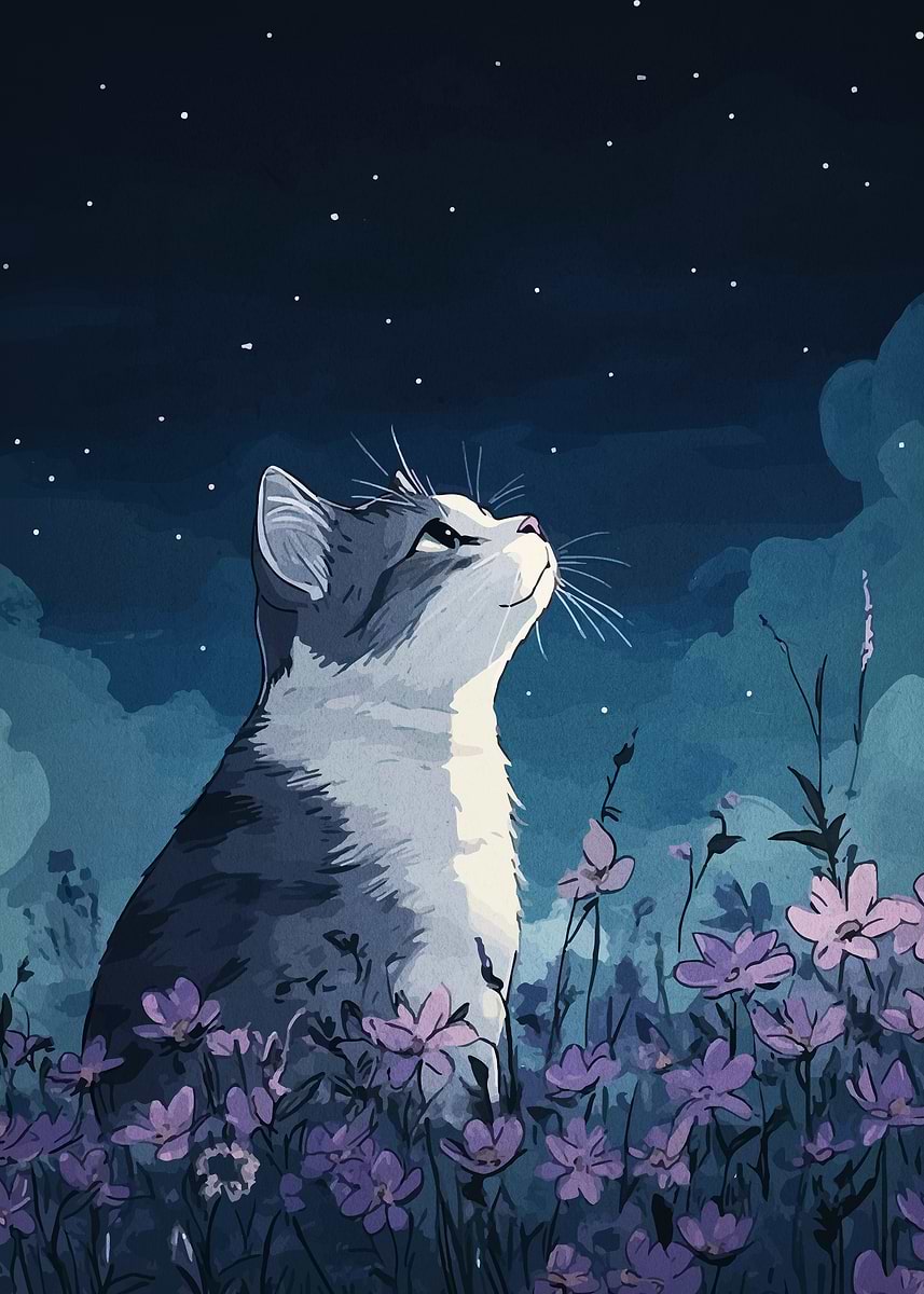 'Cat Gazing at Stars' Poster, picture, metal print, paint by Hurley Kayson | Displate