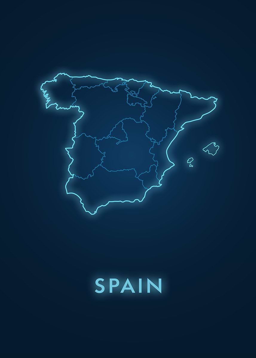 'Neon blue map of Spain' Poster, picture, metal print, paint by Miracle ...