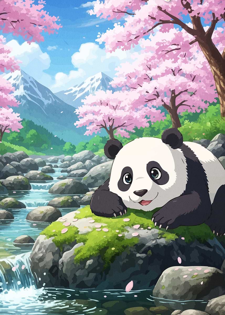 'Panda Cherry Blossom Landscape' Poster, picture, metal print, paint by ...
